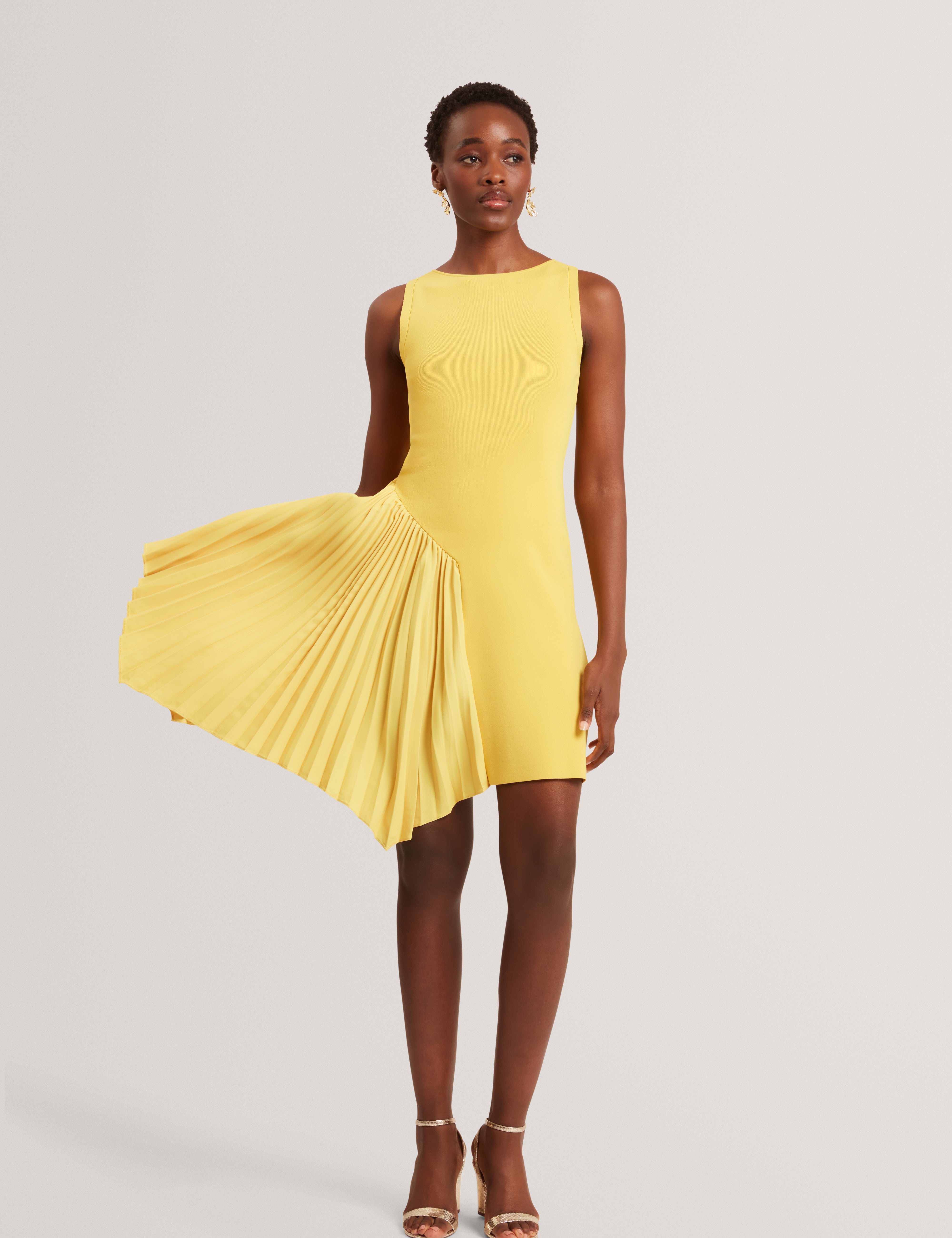 JACARA - Yellow Pleated Panel Sleeveless Knit Mini Dress
