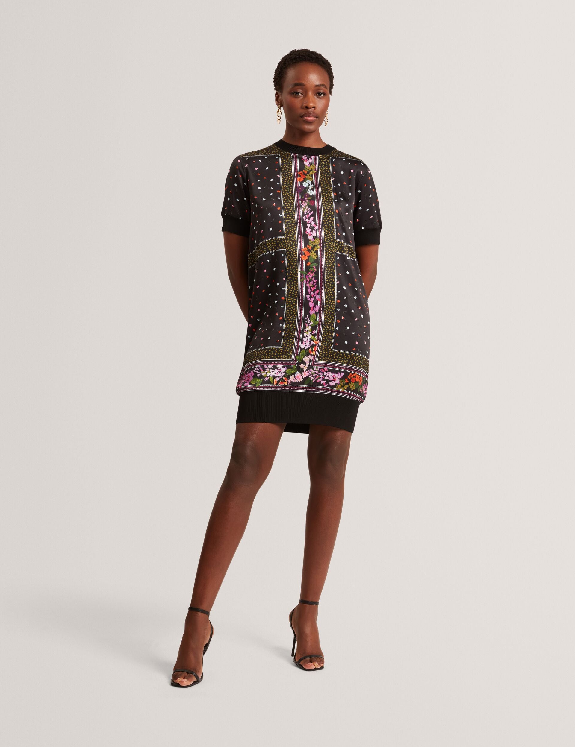 DEBHIE - Scarf Print Front Knitted T-Shirt Dress