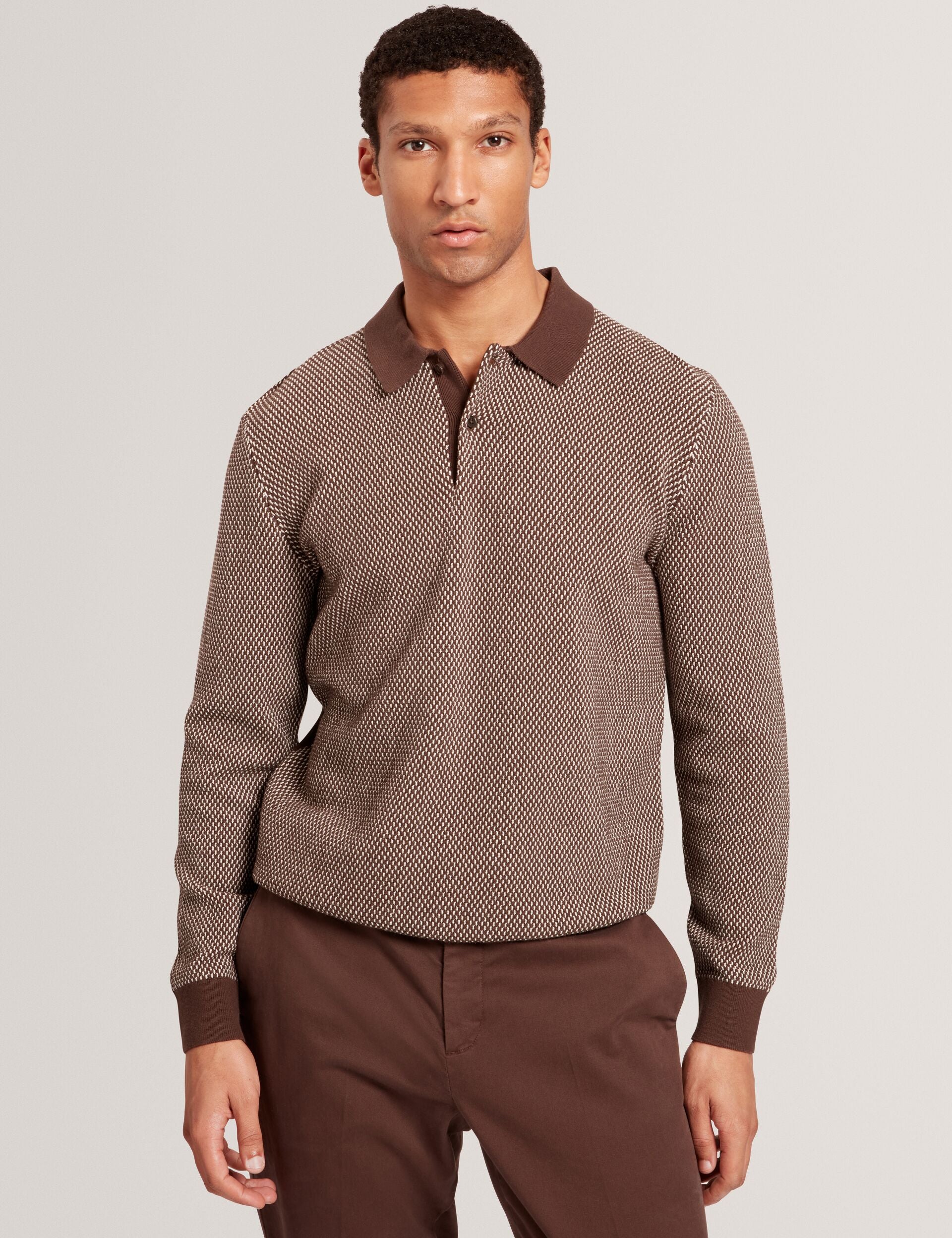 ARDO - Textured Front Knitted Long Sleeve Polo Shirt