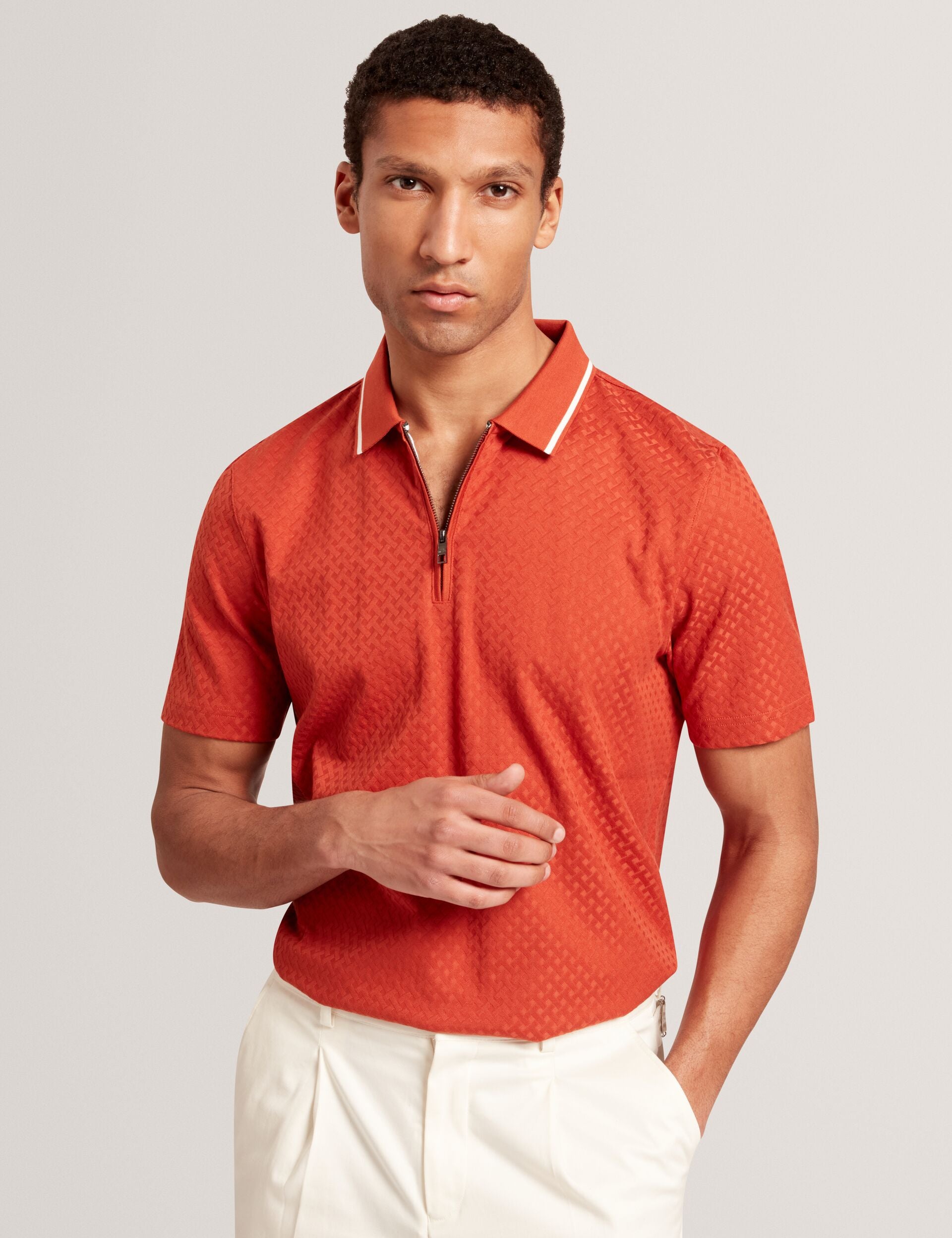 COPHEN T Texture Zip Neck Short Sleeve Polo in Orange
