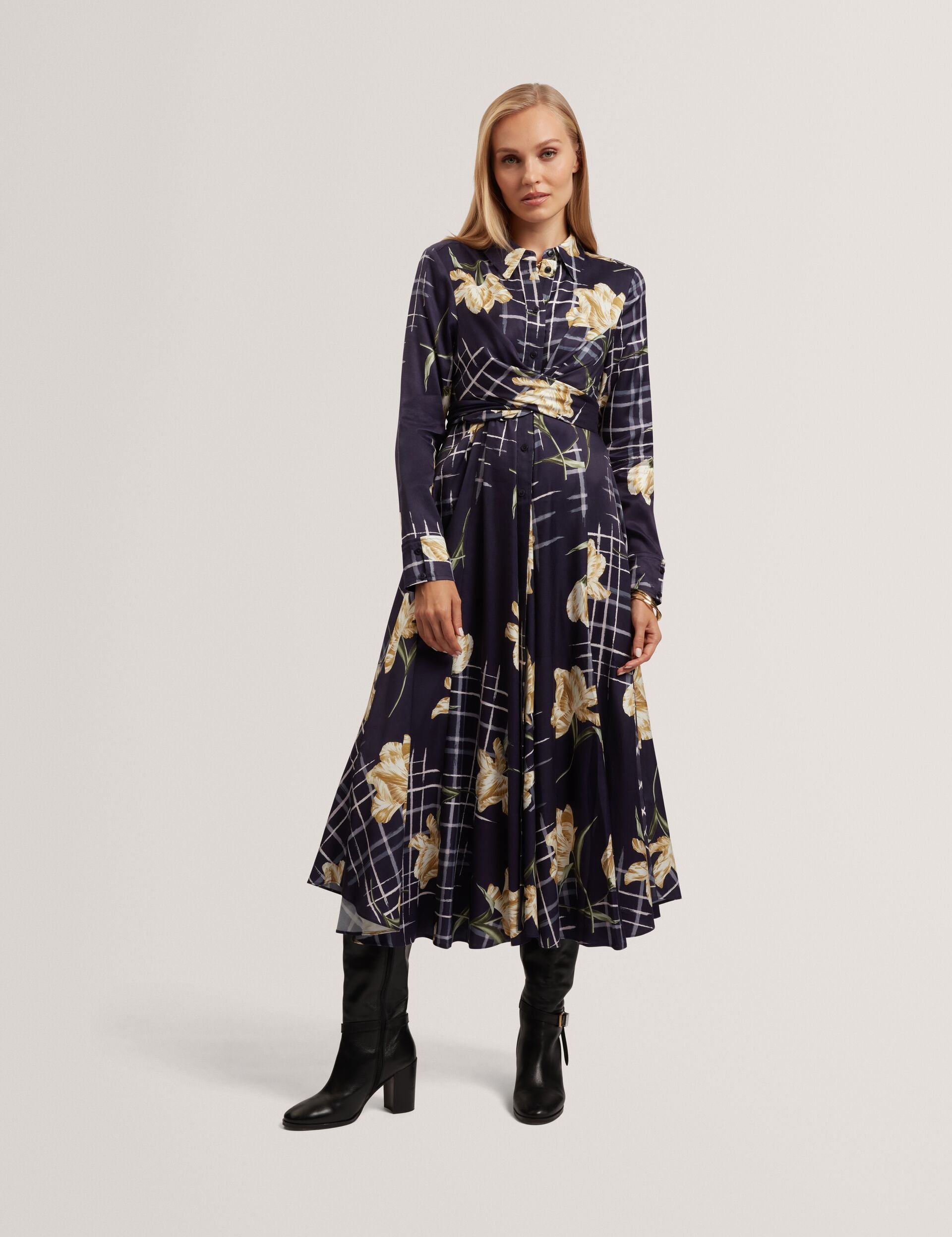 MAYLIA Floral Check Wrap Front Shirt Dress