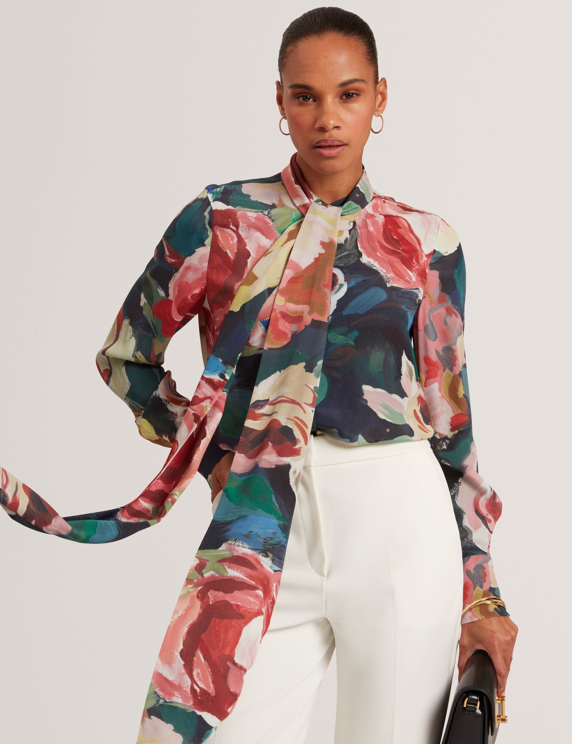ARAGA Painted Rose Tie Neck Long Sleeve Blouse